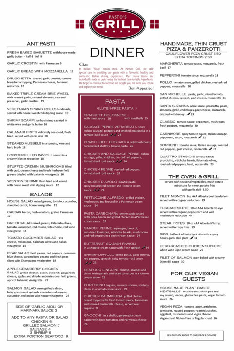 Menus | Pasto's Grill
