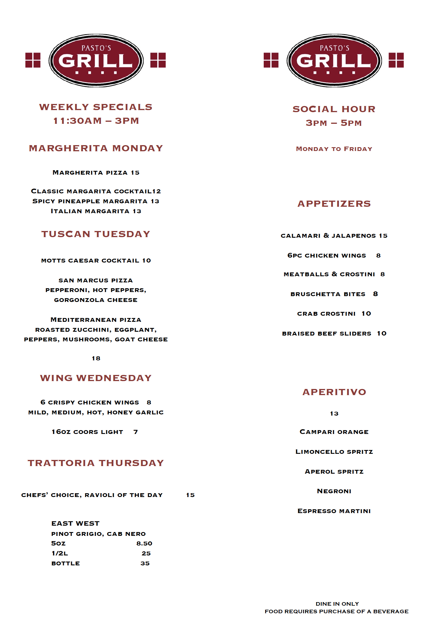 Menus | Pasto's Grill